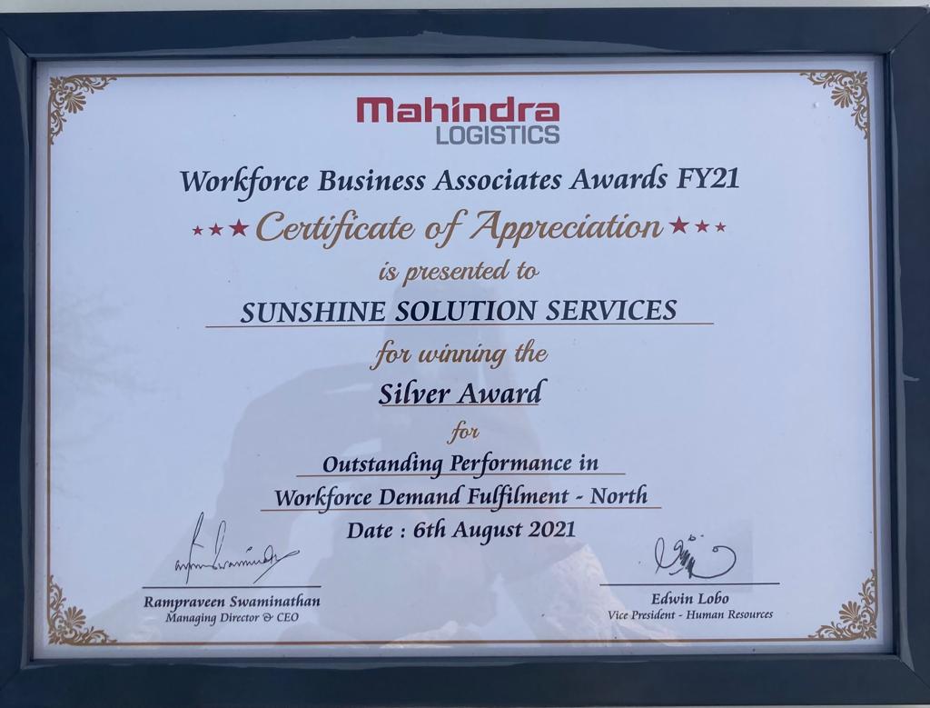 Award & Certification - Sunshine Solution Services Private Limited